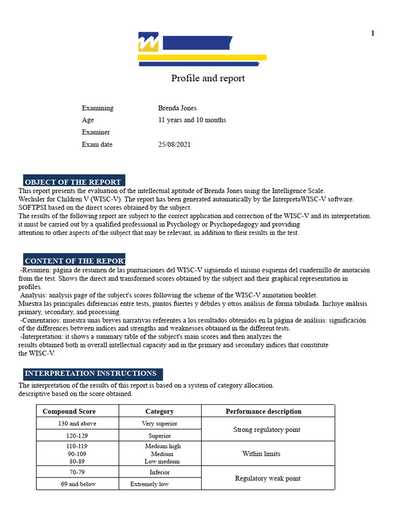 Wisc V Report Model | PDF | Mental Chronometry | Scale (Music)