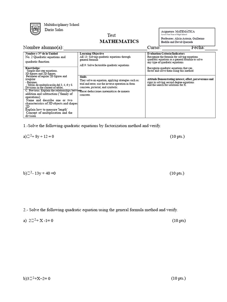 Evaluation Equations 2nd Degree Mathematics 3rd Year High School | PDF ...