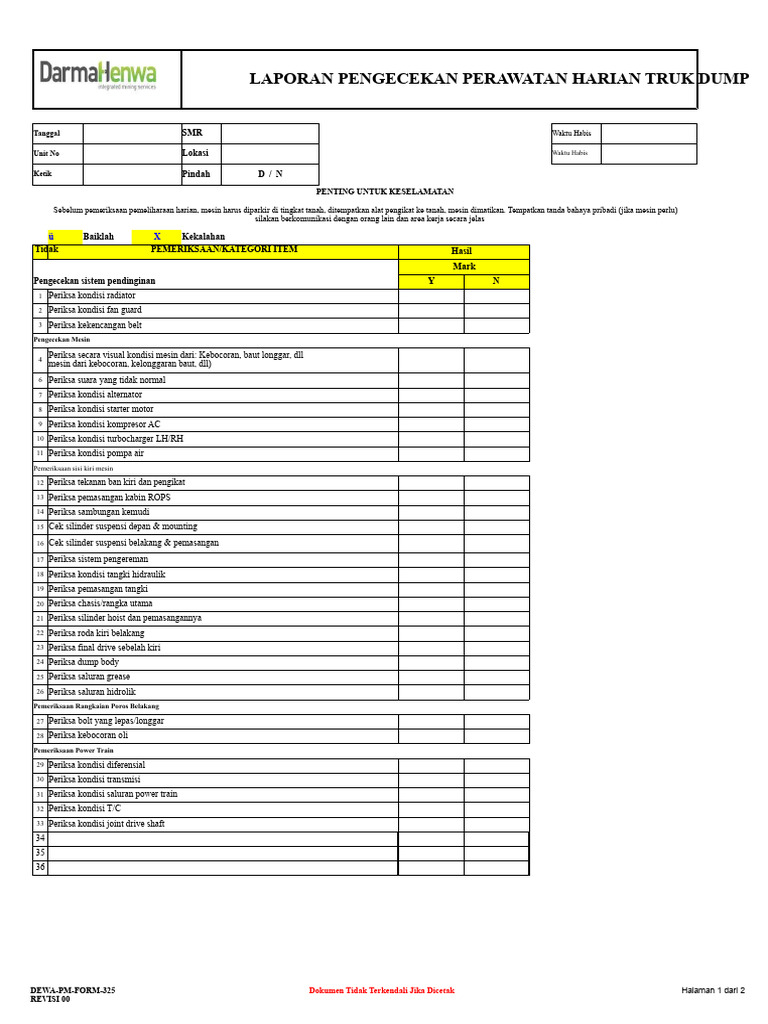 Dewa-Pm-Form-325. Lembar Cek Perawatan Harian Truck Ringan | PDF