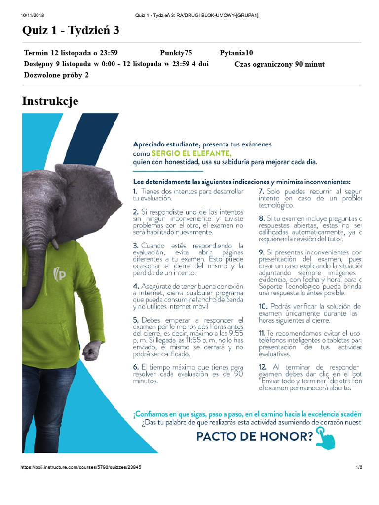 Quiz 1 - Tydzień 3 - Ra - Druga Blok-Umowy - (Grupa1) 75-75 | PDF