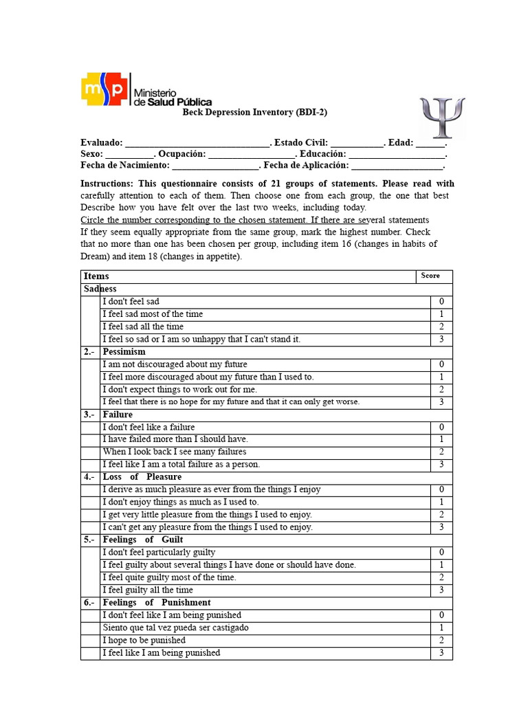 Beck Depression Inventory BDI-2 Guide | PDF | Major Depressive Disorder ...