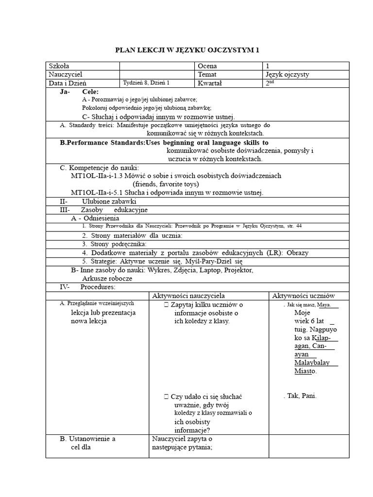 Codzienny plan lekcji w języku ojczystym 1 Q2 tydzień 8-9 | PDF
