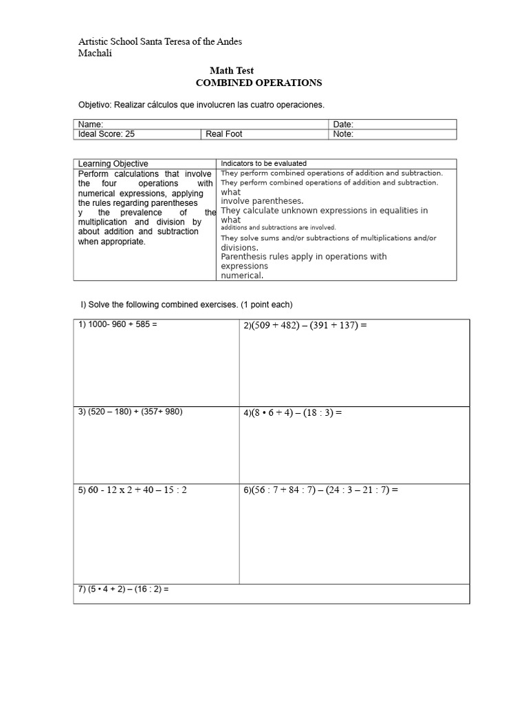 Math Test: Combined Operations Guide | PDF | Multiplication | Mathematics