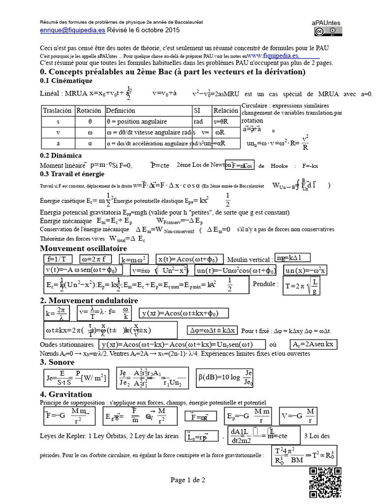 Formules de physique pour Baccalauréat | PDF | Accélération | Cinématique