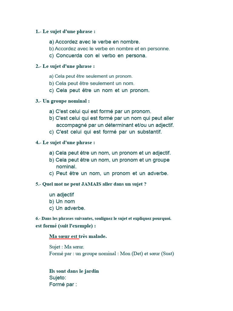 Analyse des sujets et prédicats en français | PDF | Prédicat (Grammaire ...