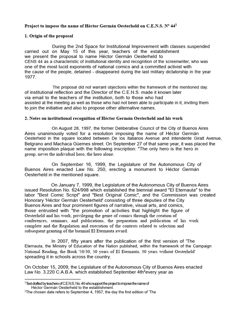 Project To Impose The Name of Héctor Germán Oesterheld On The C. | PDF ...
