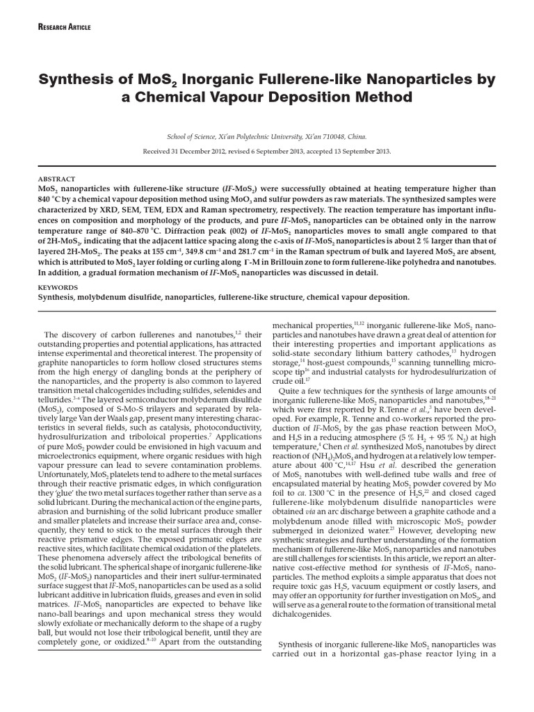 Gao Zhang 2014 Synthesis of Mos2 Inorganic Fullerene Like Nanoparticles by a Chemical Vapour ...