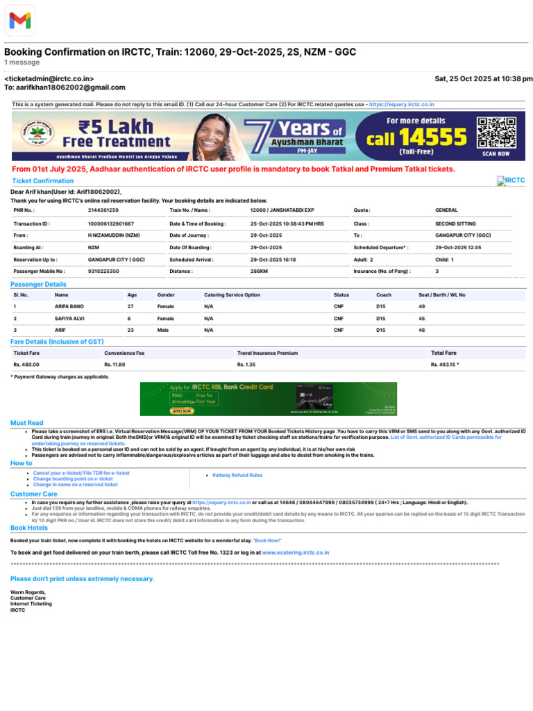 Gmail - Booking Confirmation On IRCTC, Train - 12060, 29-Oct-2025, 2S ...