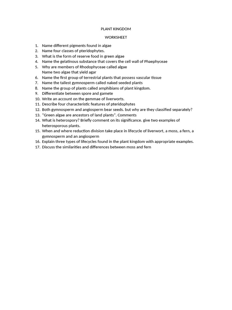 Plant Kingdom Worksheet | PDF