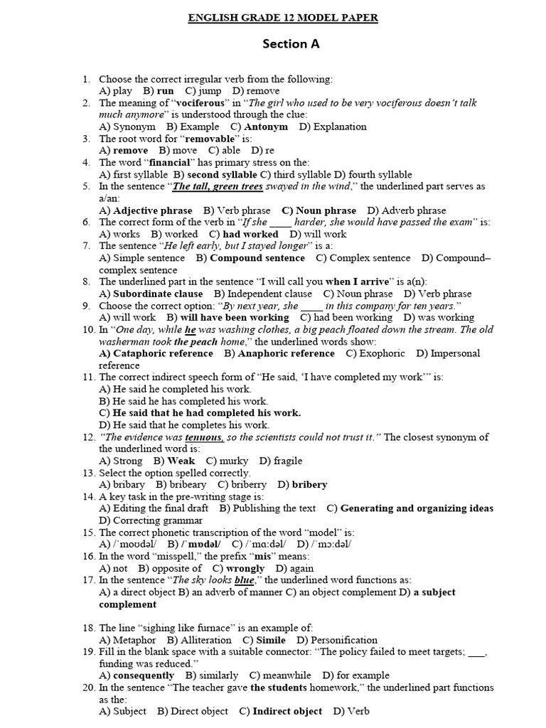 Grade 12 English Model Paper Guide | PDF | Phrase | English Language