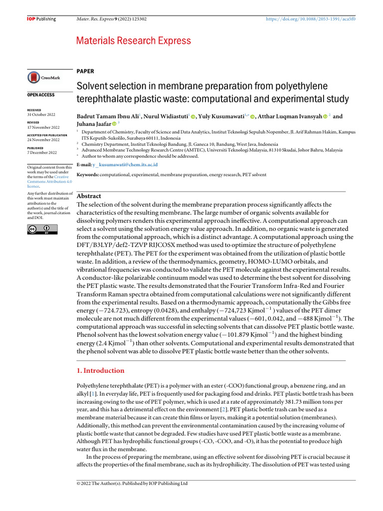 Solvent Selection in Membrane Preparation From Polyethylene ...