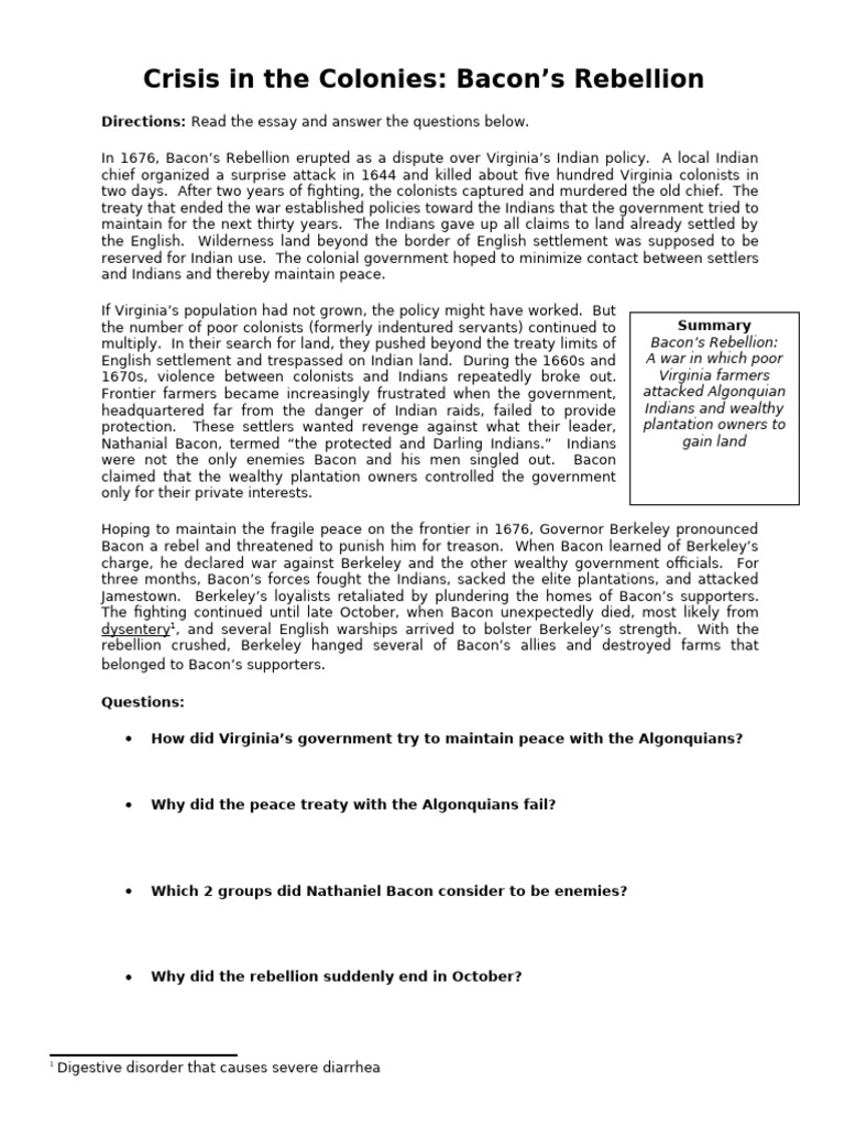 Bacon's Rebellion and King Philip's War Overview | PDF | English ...