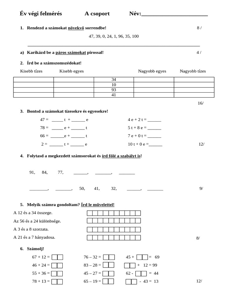 Év Végi Felmérés a 2.o. MATEK (1) | PDF
