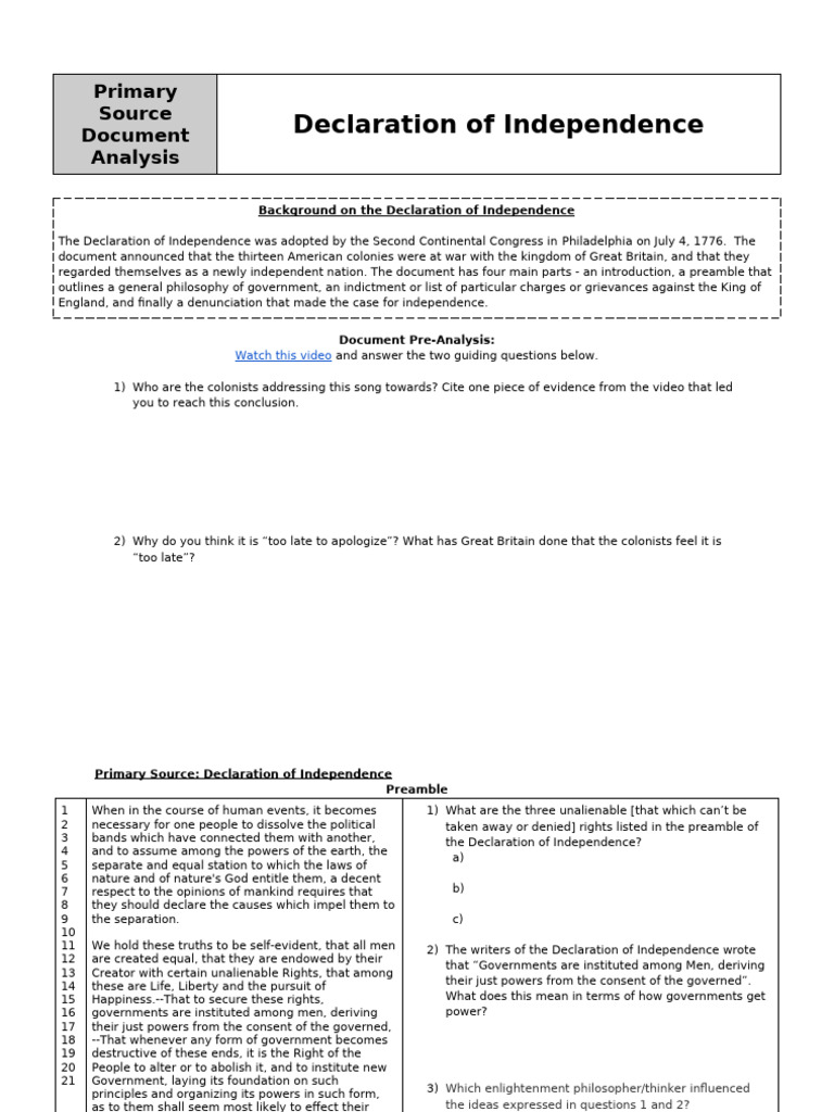 Primary Source Document Analysis Declaration of Independence | PDF ...