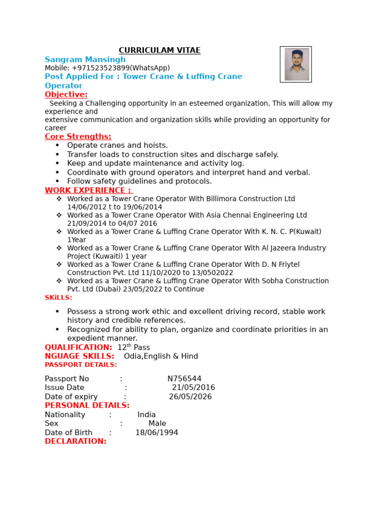 Crane Operator CV: Sangram Mansingh | PDF