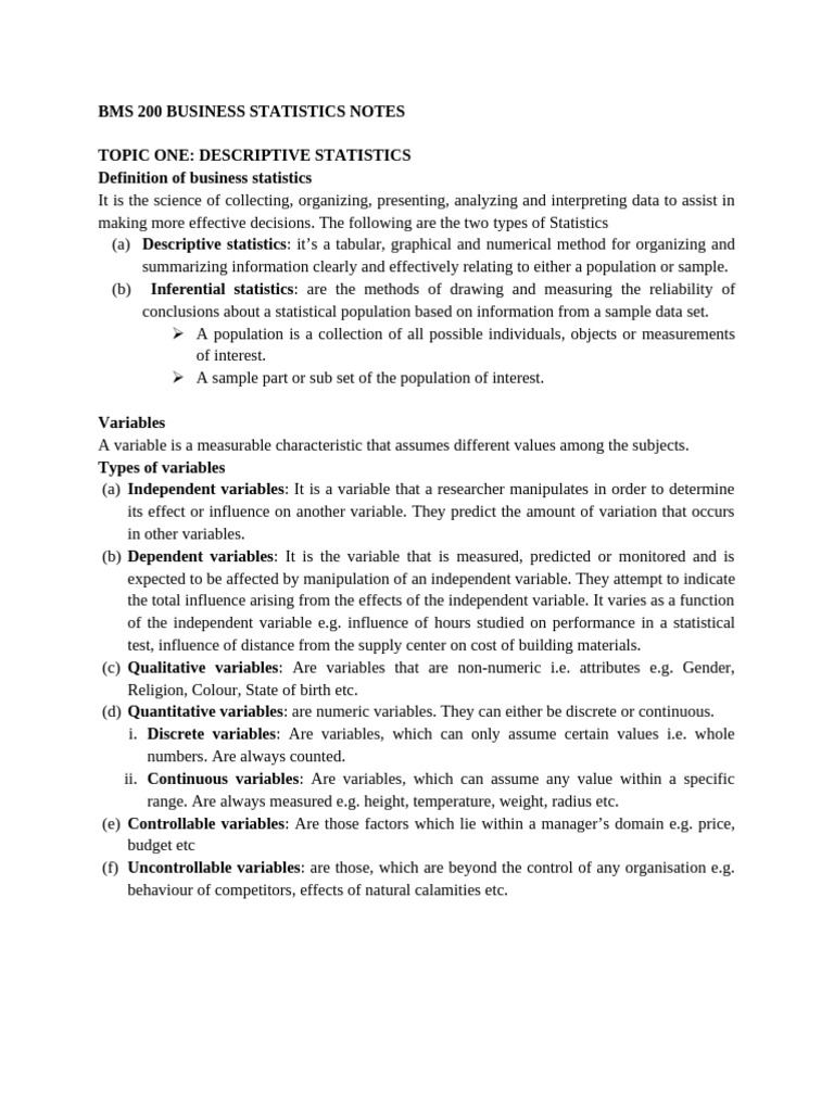 Bms 200 Business Statistics Notes | PDF | Statistics | Mode (Statistics)