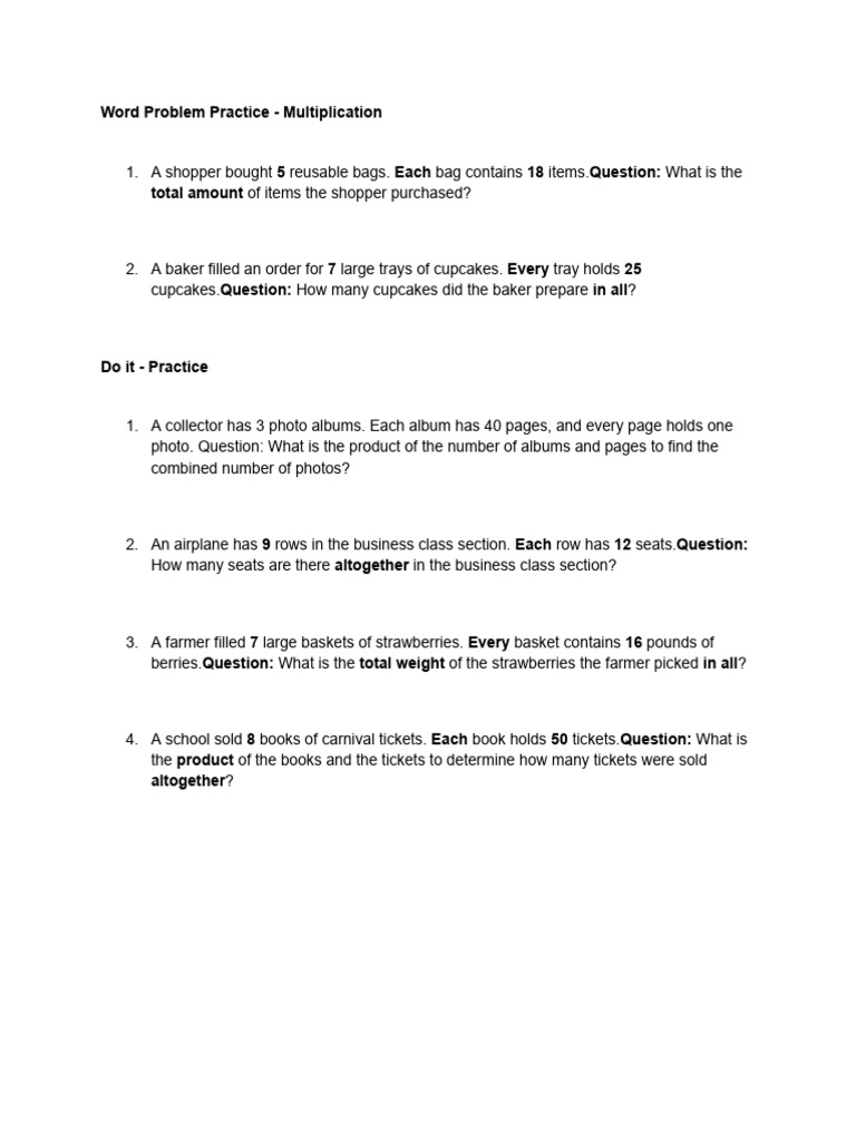 Word Problem Practice - Multiplication | PDF | Cupcake