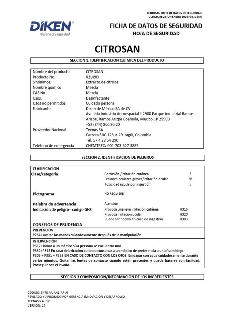 3475 Aa Aa1 Af Ai Citrosan (V 17) - Fds | PDF | Administración de ...