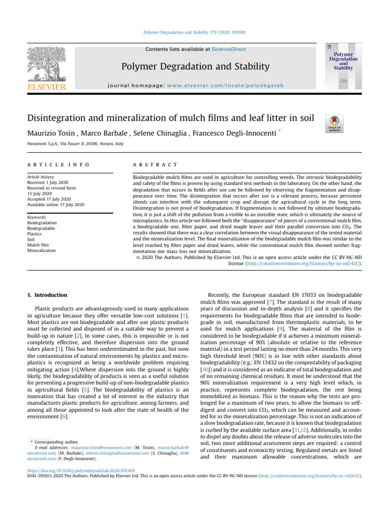 Disintegration and Mineralization of Mulch Films and Leaf Litter in ...