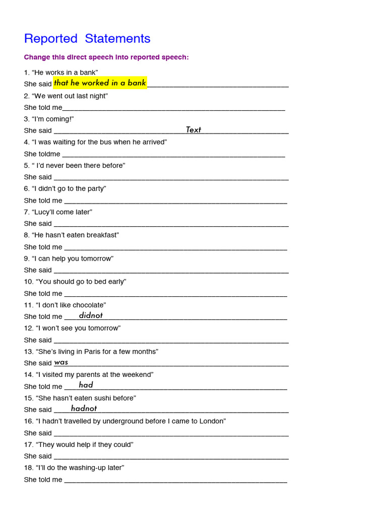 Reported Speech Exercises and Answers | PDF