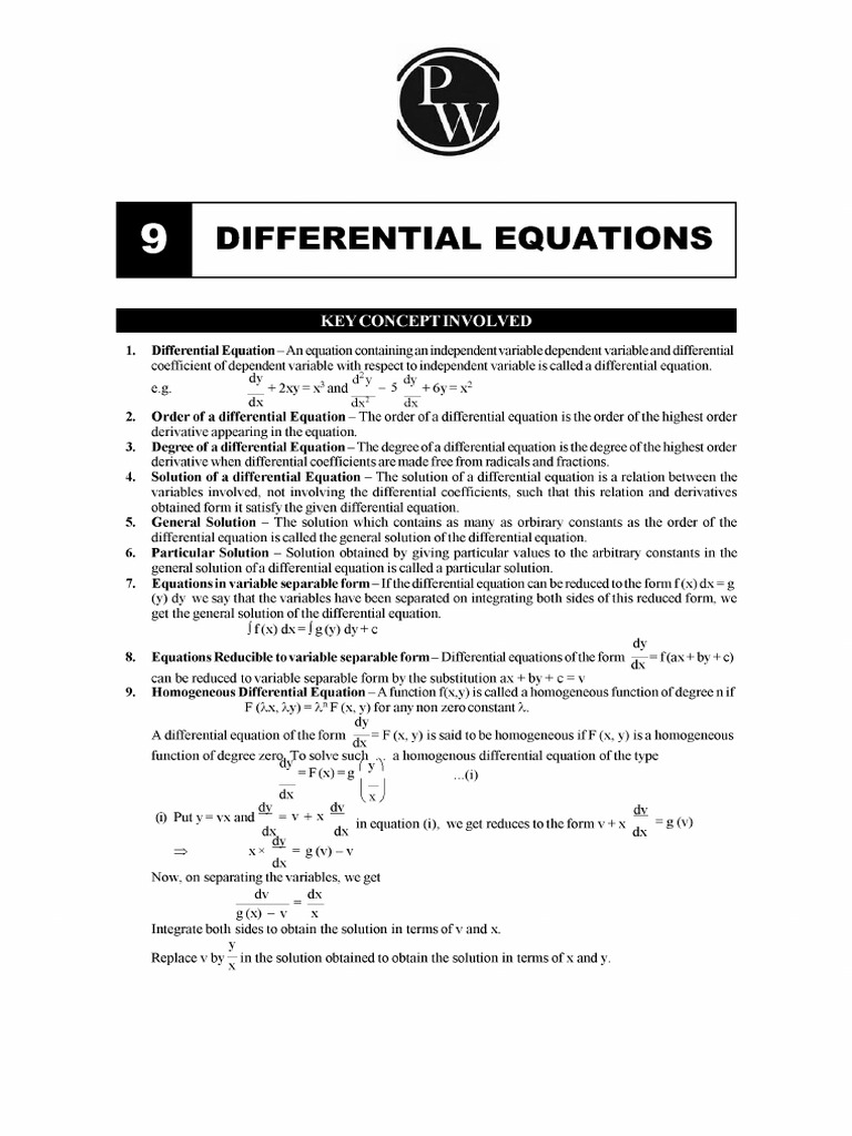 JEE Formula-Sheets 12th Maths Differential Equations | PDF