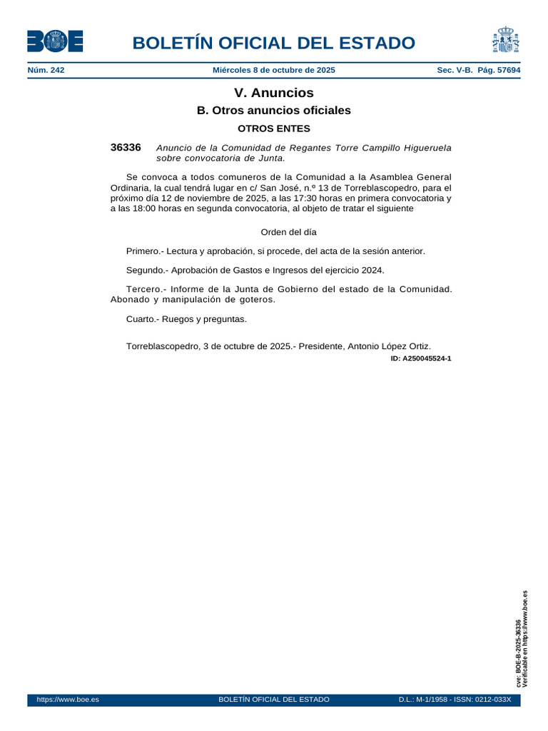Convocatoria Junta Comunidad Regantes Torre Campillo | PDF