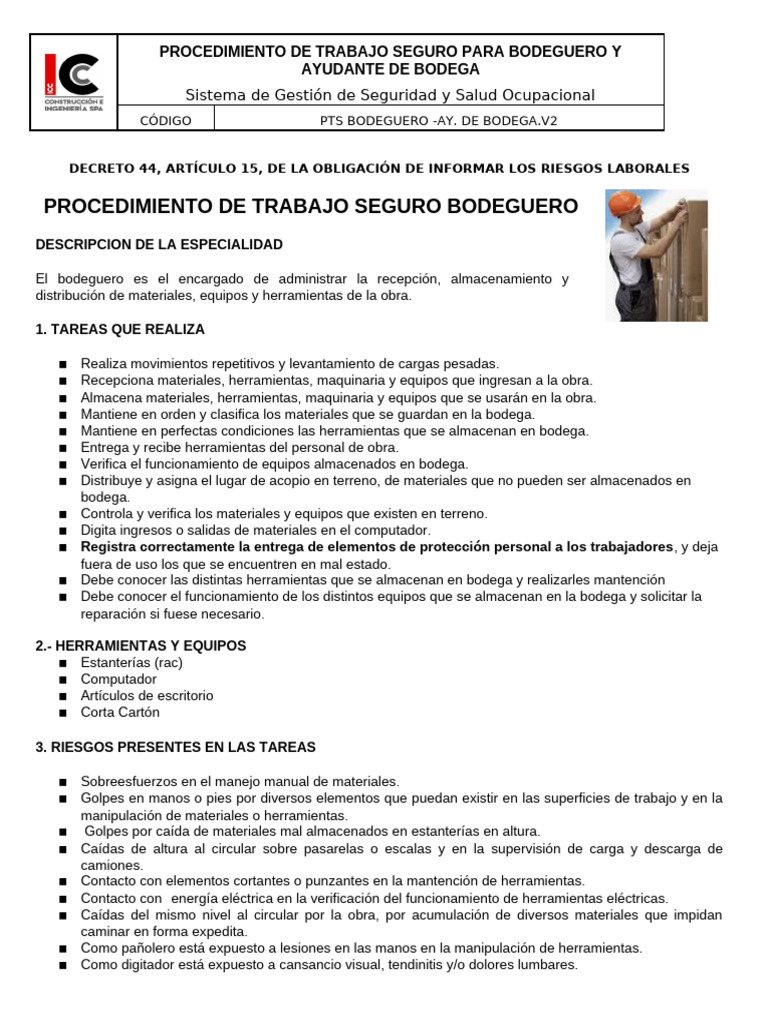 5.-BODEGUERO (V2 06.23) Ok+ | PDF | Seguridad y salud ocupacional