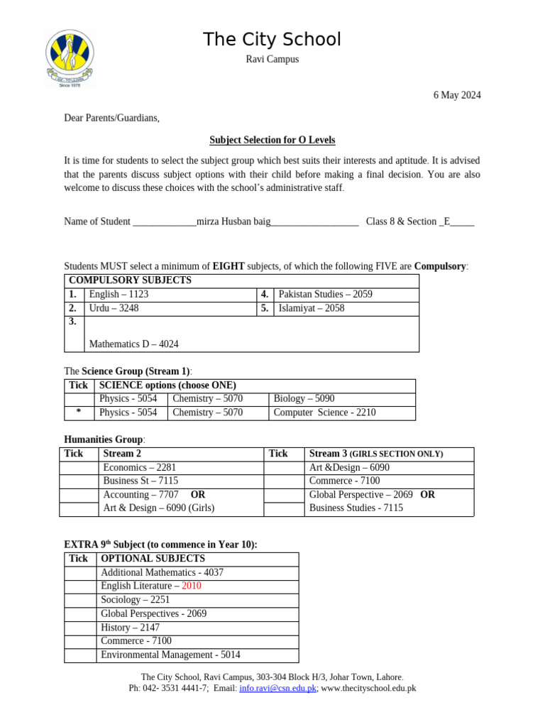O Level Subject Selection Guide 2024 | PDF
