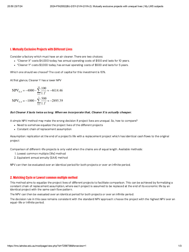 Comparing Mutually Exclusive Projects | PDF | Net Present Value