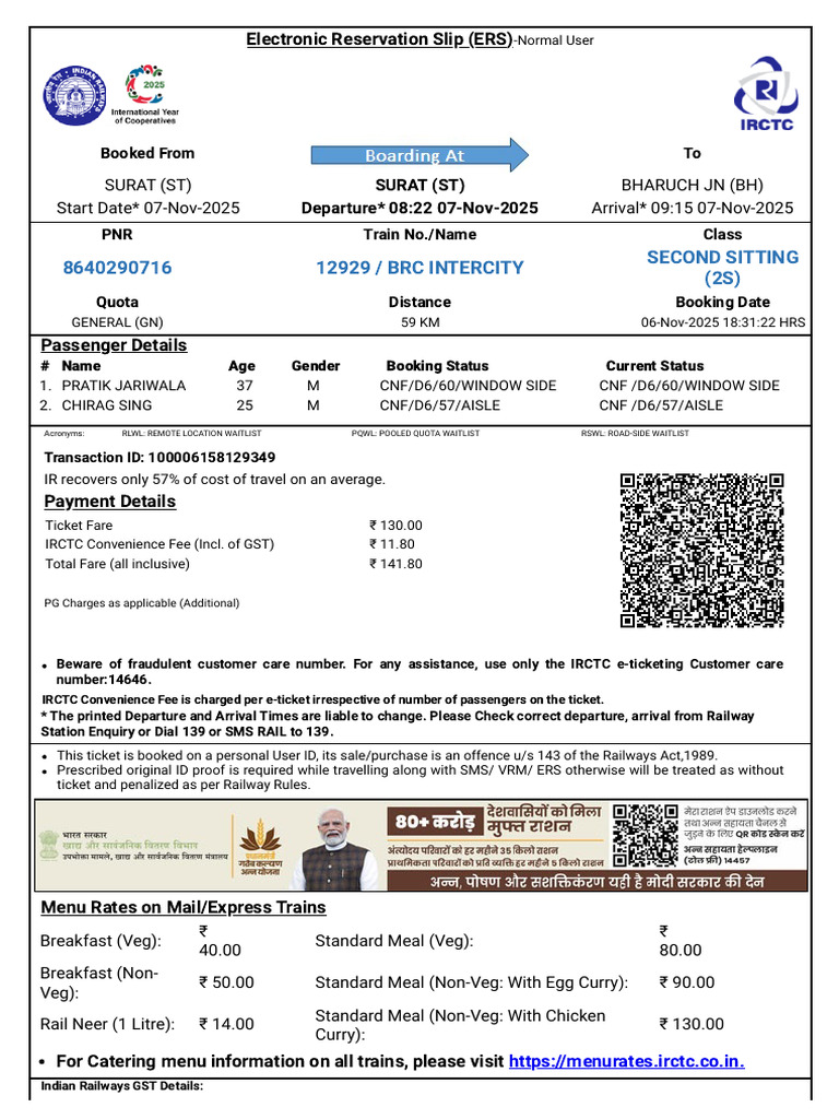 BRC Intercity Second Sitting (2S) : Electronic Reservation Slip (ERS) | PDF | Identity Document