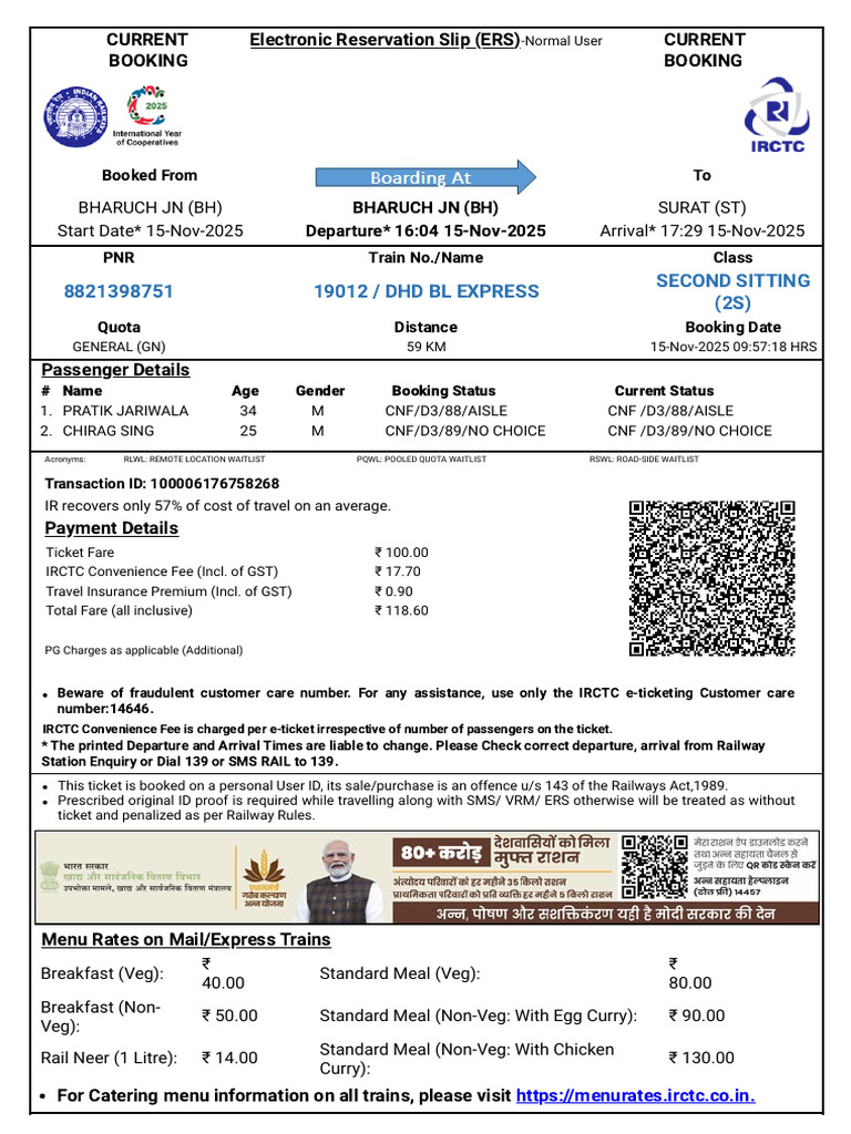 DHD BL Express Second Sitting (2S) : Current Booking Electronic Reservation Slip (ERS) Current ...