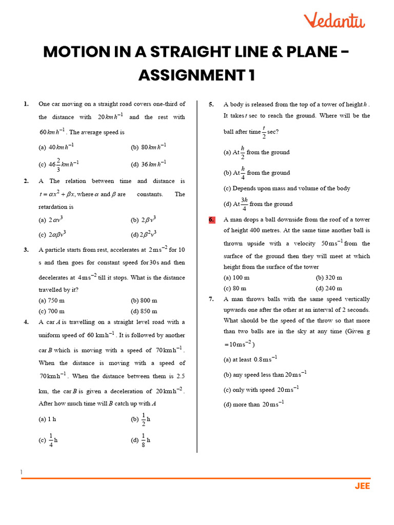 JEE Physics Assignment: Motion Problems | PDF | Acceleration | Speed