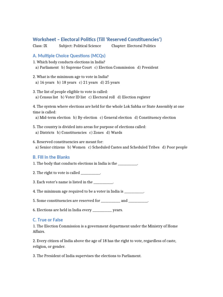 Electoral Politics Worksheet for Class IX | PDF