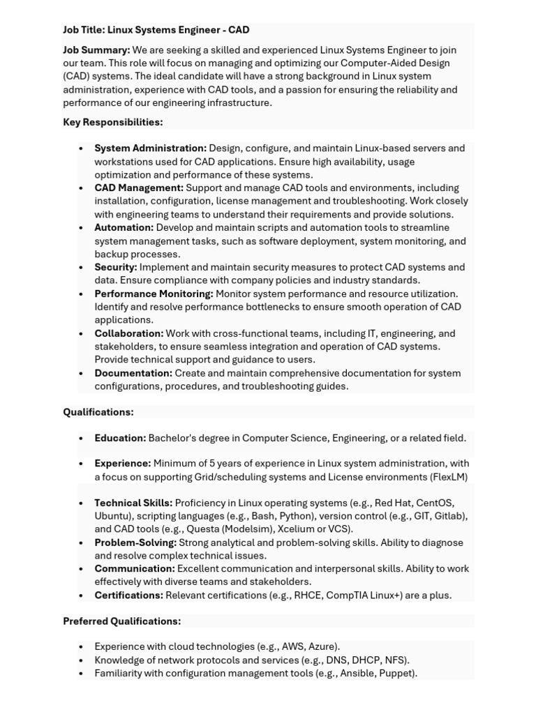 JD - Linux Systems Engineer - CAD | PDF | Linux | Computer Aided Design