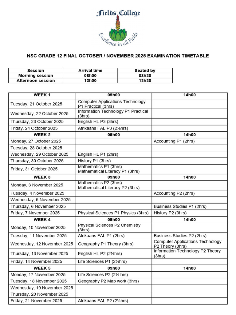 Final NSC Exam Timetable Grade 12 2025 | PDF