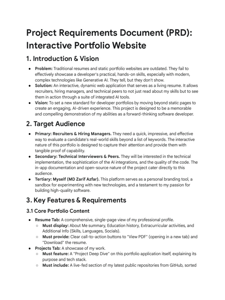 Interactive Developer Portfolio PRD | PDF | Artificial Intelligence ...
