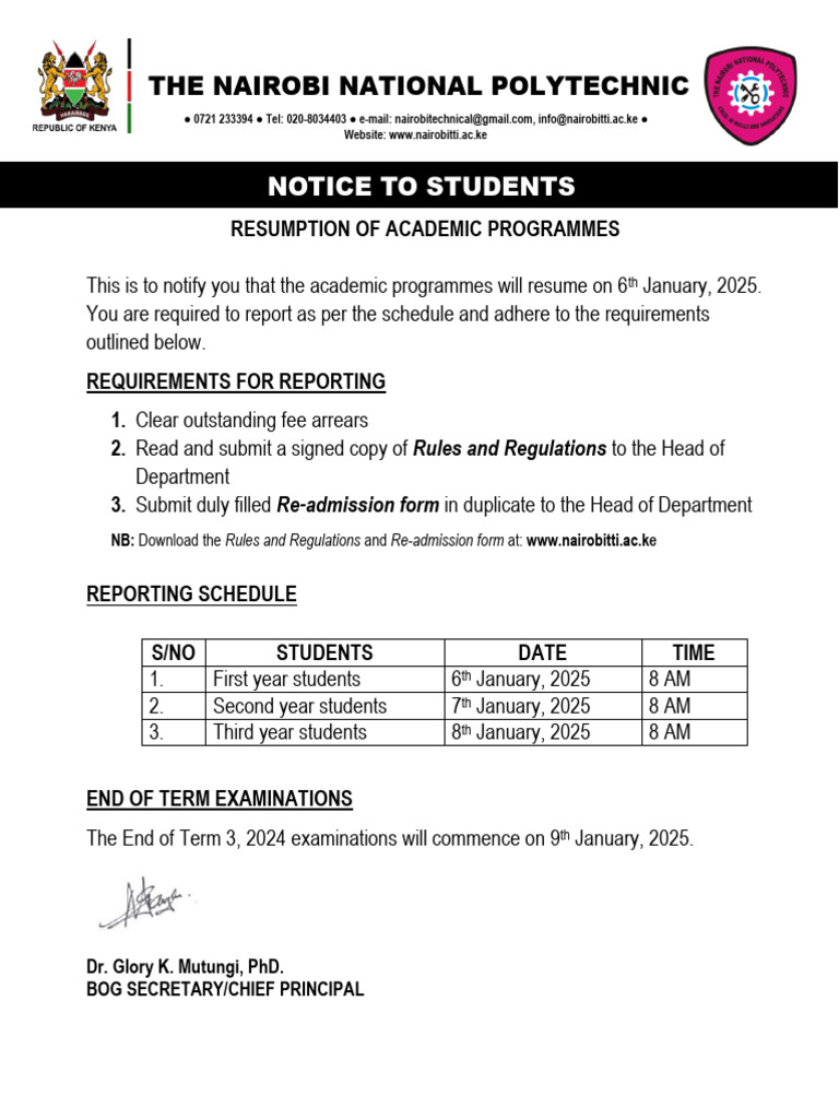 The Nairobi National Polytechnic: Notice To Students | PDF