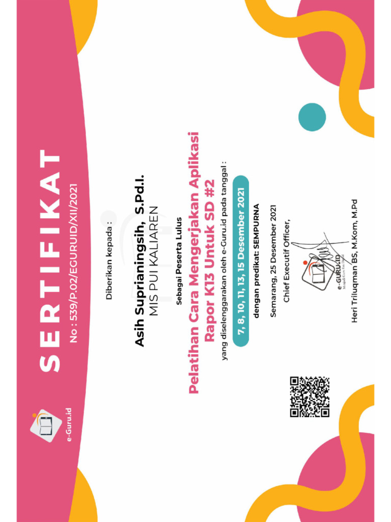 Asih Suprianingsih, S.pd.I. Sertifikat Reguler E-Guru - Id Raport k13 | PDF