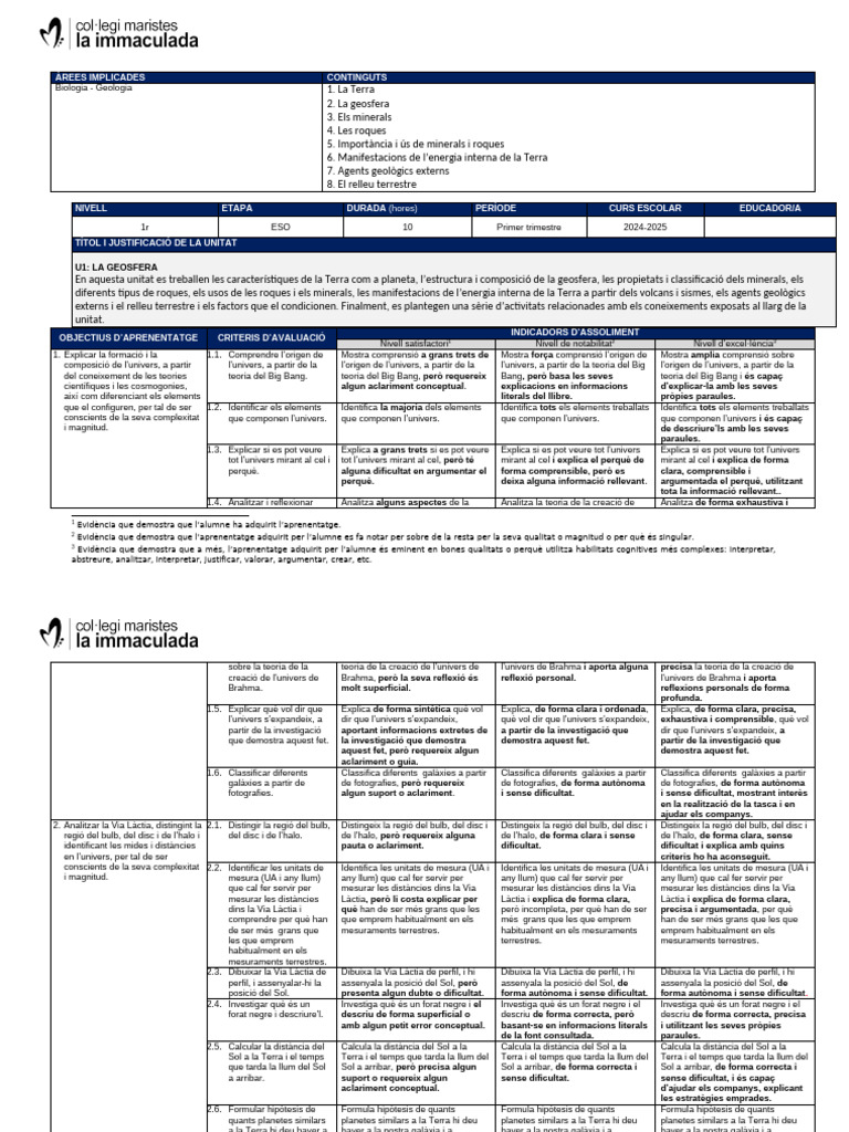 Programació U1 La Terra a l'Univers 1r ESO | PDF