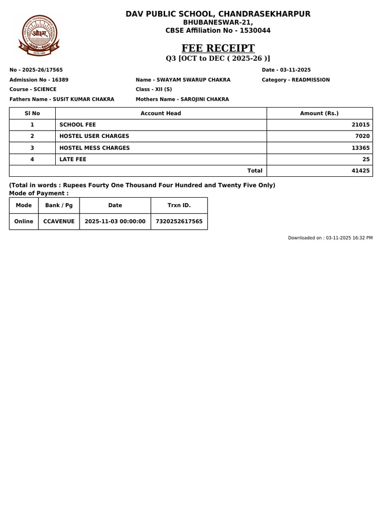 DAV School Fee Receipt Q3 2025-26 | PDF
