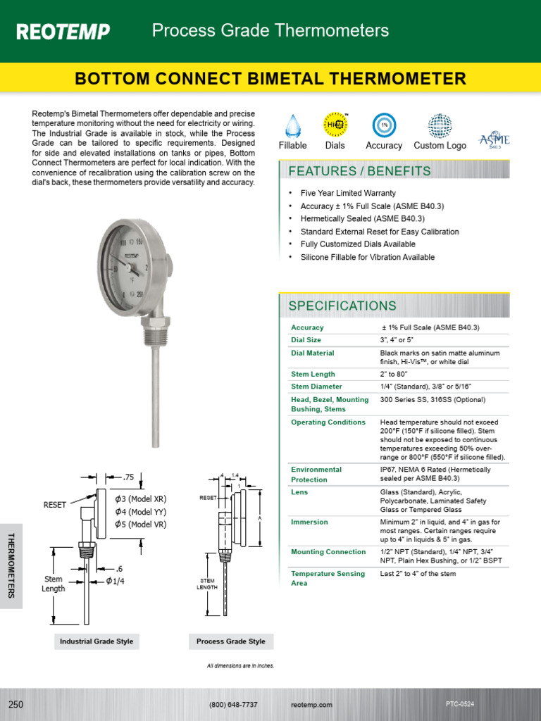 Bottom Connect Bimetal Thermometer PTC 0524 1 | PDF | Thermometer ...