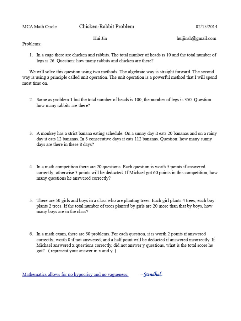 Chicken-Rabbit Math Problems Explained | PDF
