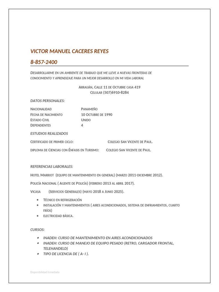 CV de Víctor Manuel Cáceres Reyes | PDF