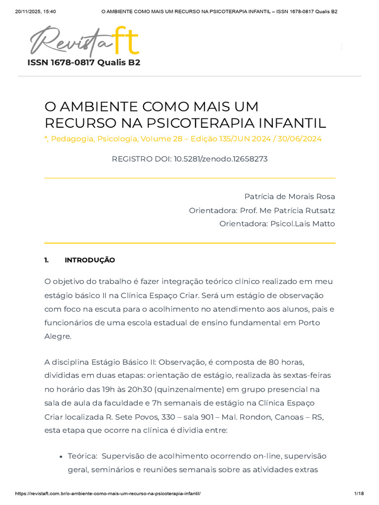 O AMBIENTE COMO MAIS UM RECURSO NA PSICOTERAPIA INFANTIL – ISSN 1678-0817 Qualis B2 | PDF ...