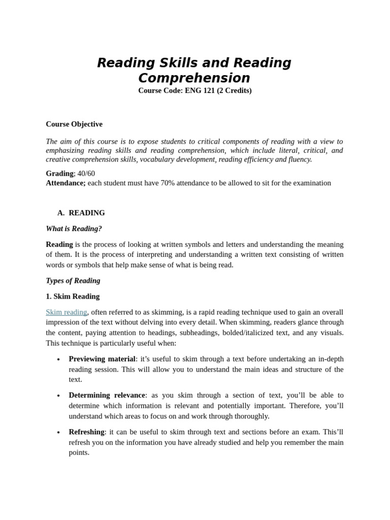 Basic Reading Skills and Raeding Comprehension (ENG 121) | PDF | Reading Comprehension | Word