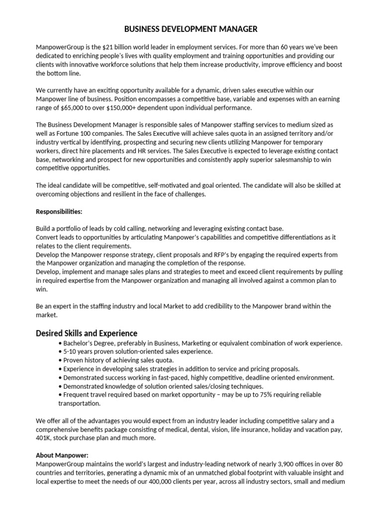 Business Development Manager Role at Manpower | PDF | Human Resources ...