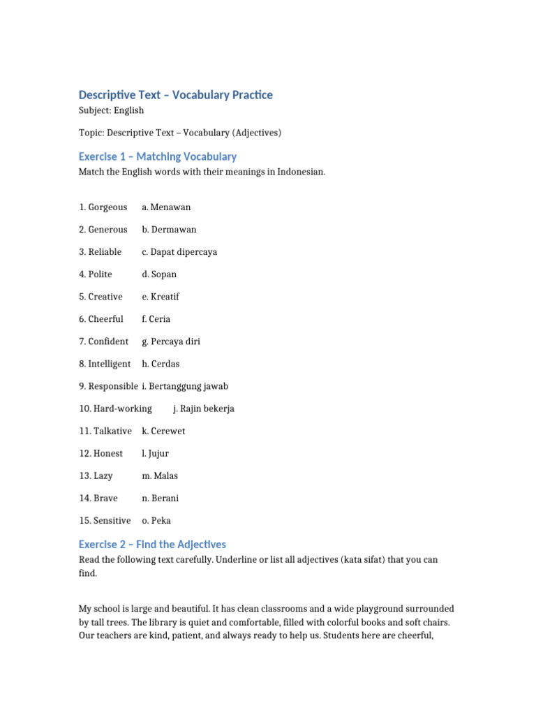 Descriptive Text Vocabulary Practice Revised | PDF
