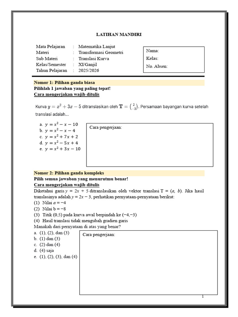 9. LATIHAN MANDIRI (Translasi Kurva) | PDF
