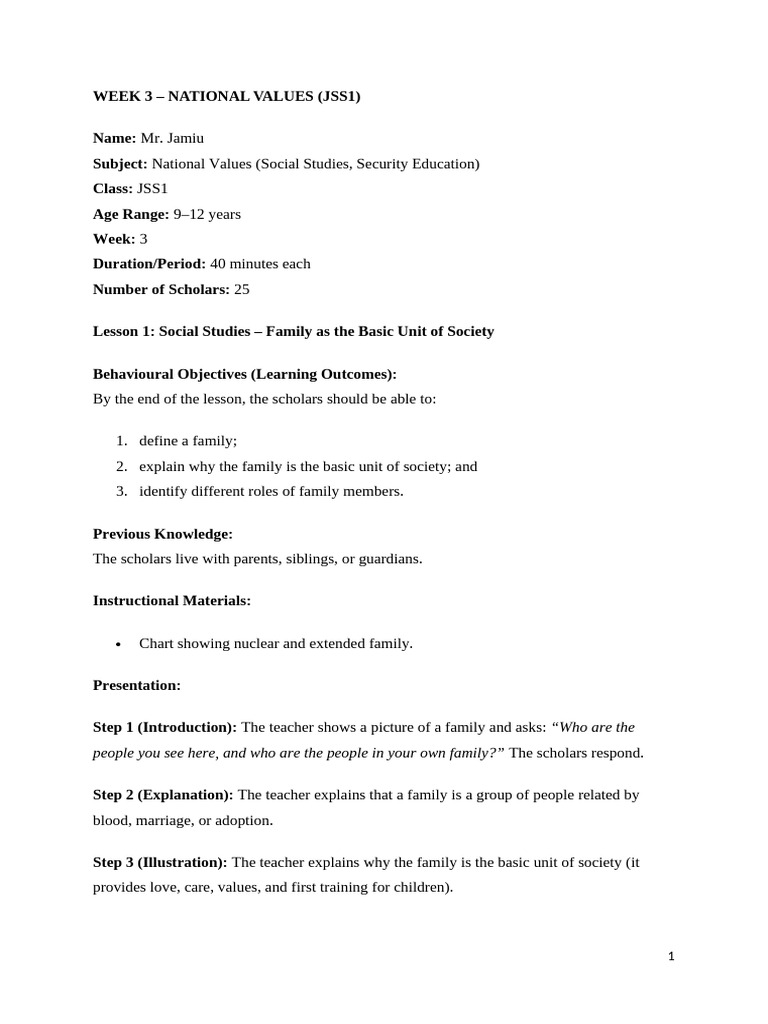 J1 W3 National Values Lesson Plan | PDF | Rape | Family