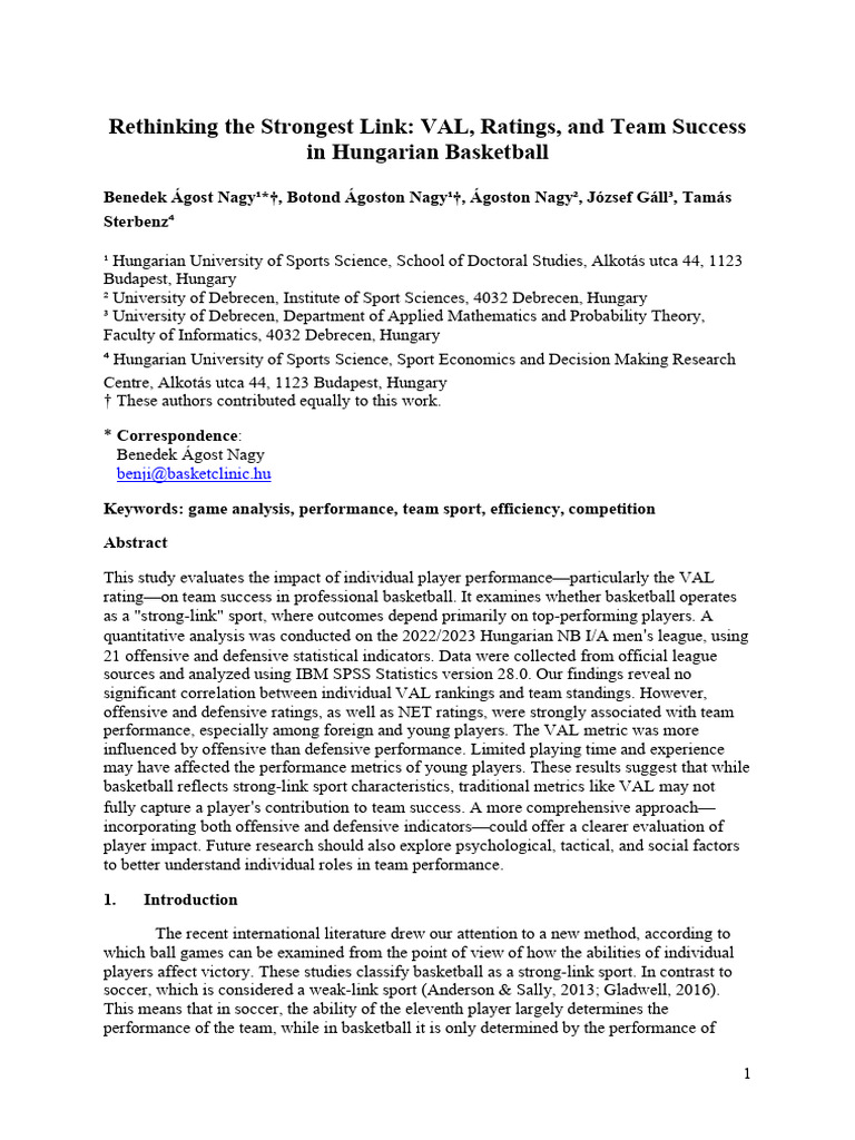 VAL Ratings and Team Success in Basketball | PDF | Statistics